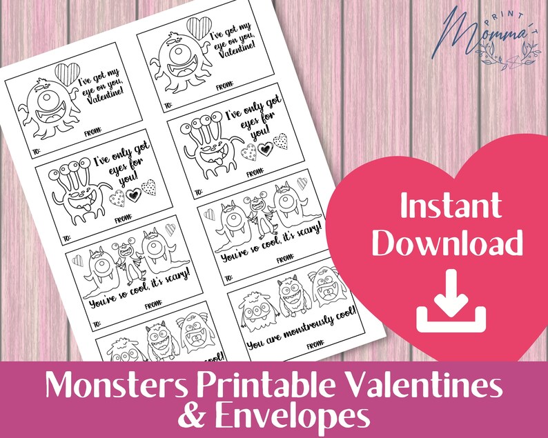 Valentine Cards and Envelopes Set Monsters Print and Color DIY Kids ...