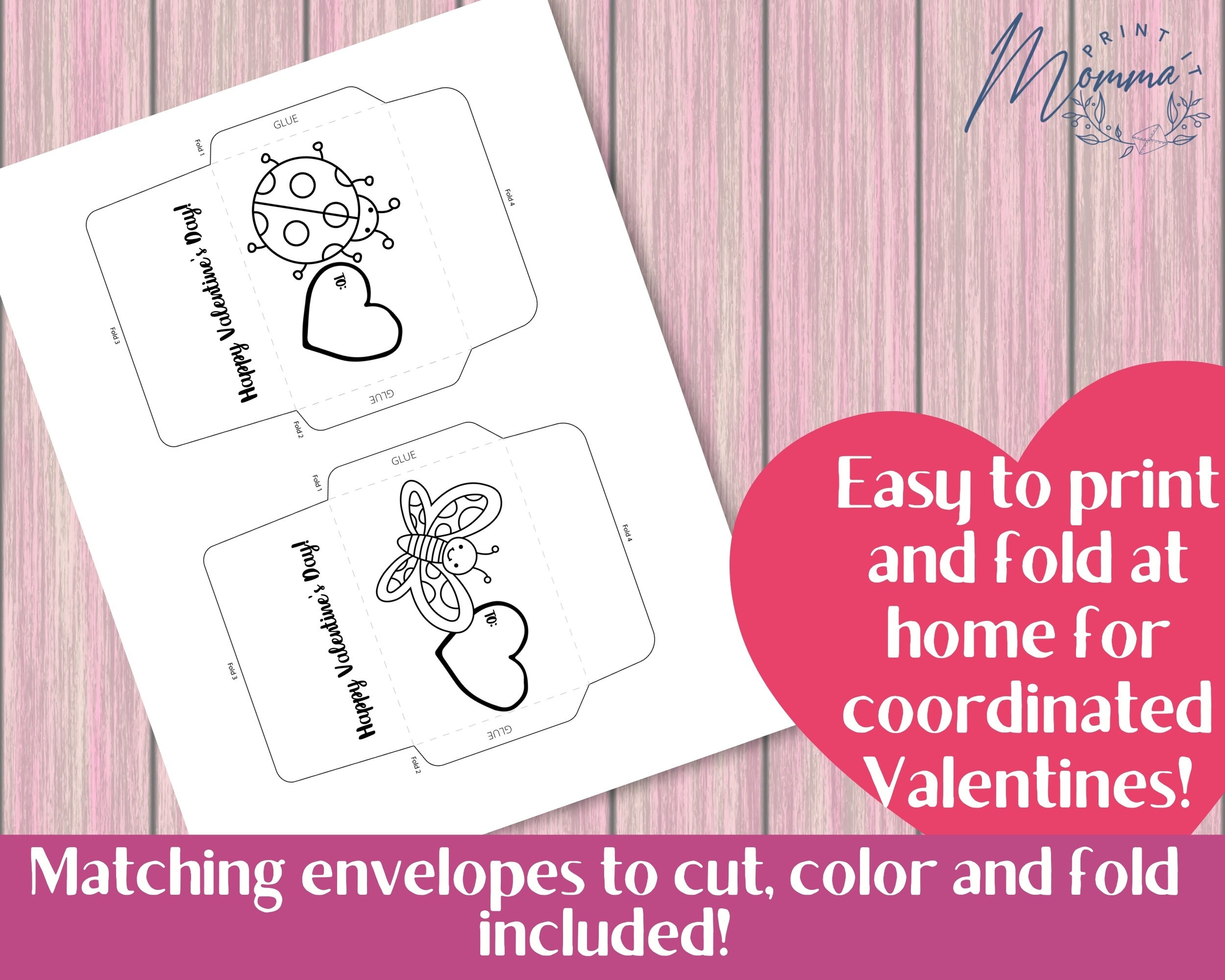 Valentine Cards and Envelopes Set Love Bugs Print and Color | DIY Kids ...