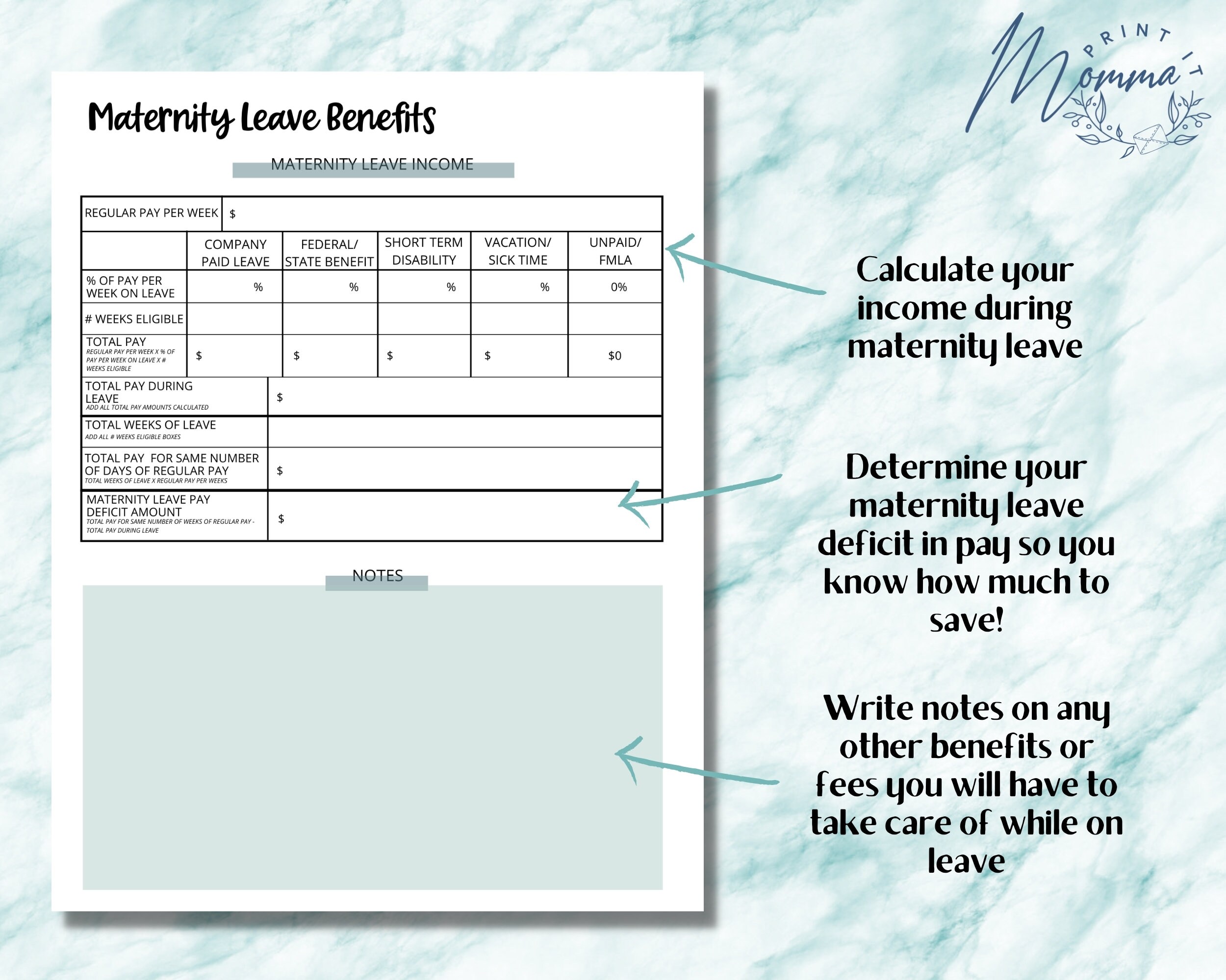 Maternity Leave Benefits Tracker Printable | Fillable Work Family Leave ...