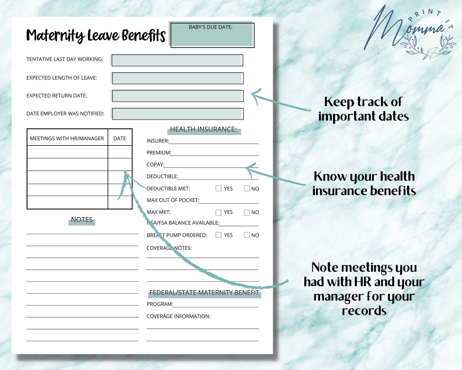 Maternity Leave Benefits Tracker Printable | Fillable Work Family Leave ...