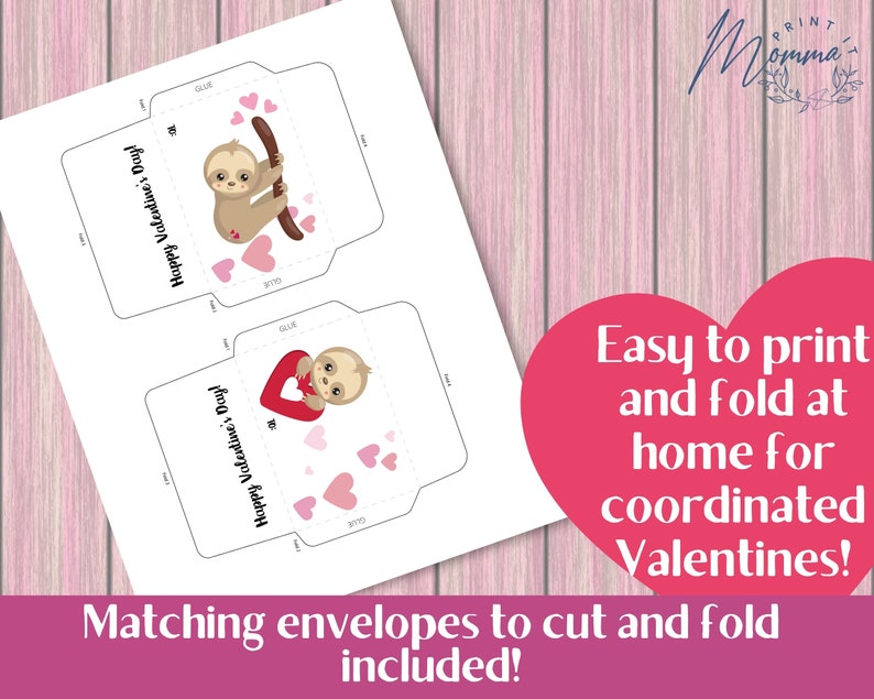 Valentine Cards and Envelopes Set Sloth Print at Home | DIY Kids Sloth ...
