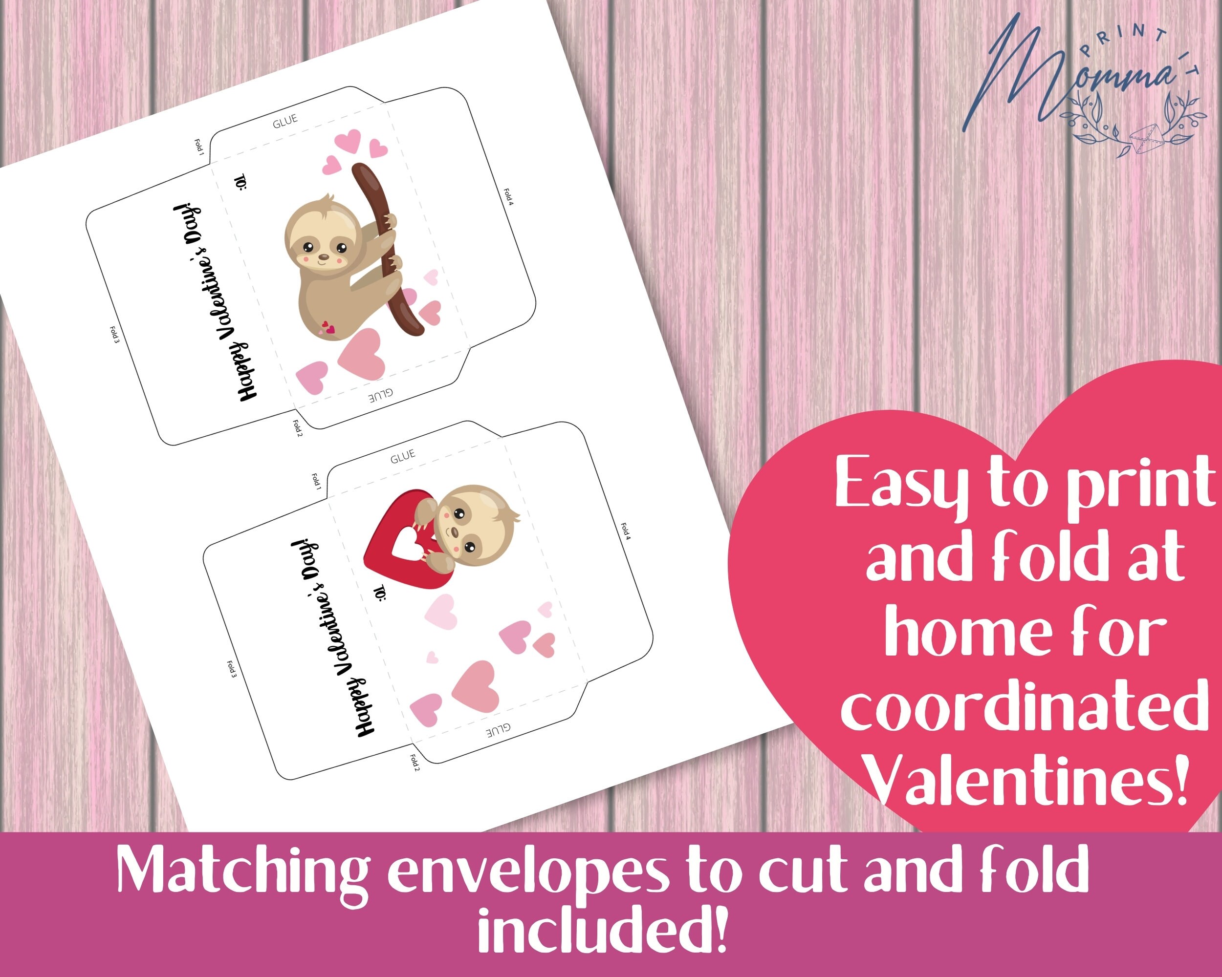 Valentine Cards and Envelopes Set Sloth Print at Home DIY - Etsy