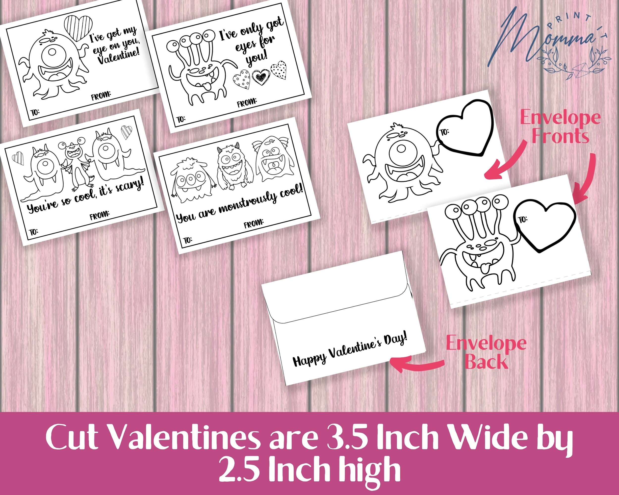 Valentine Cards and Envelopes Set Monsters Print and Color DIY Kids ...