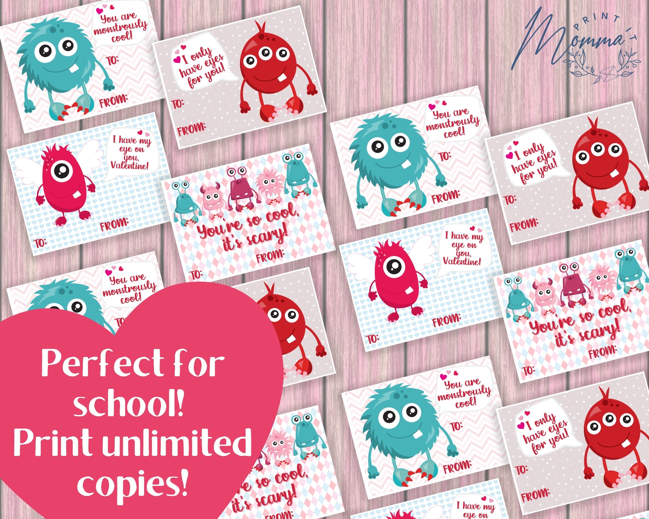 Valentine Cards and Envelopes Set Monster Print at home DIY | Etsy