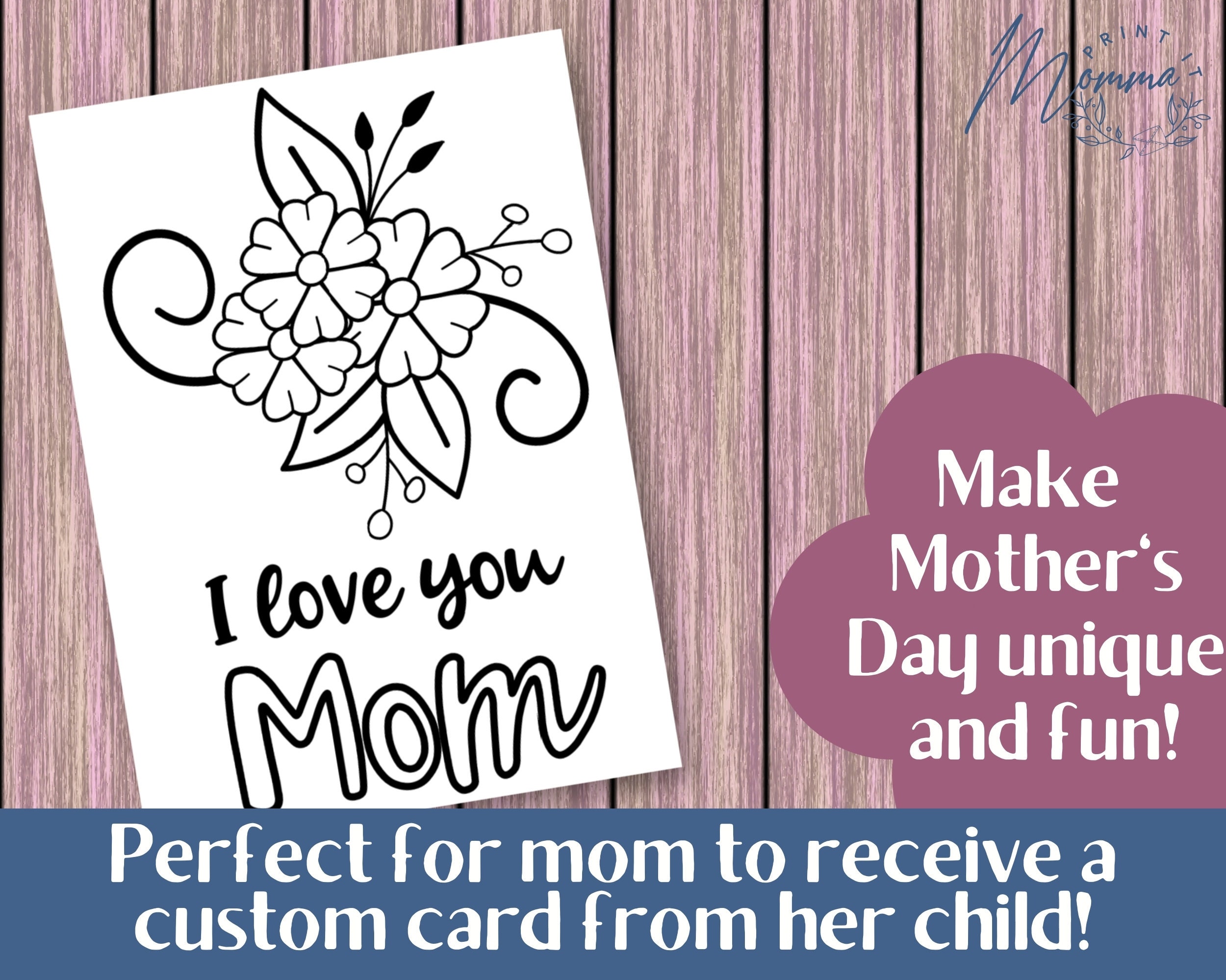 Mother's Day Coloring Card Printable | Kids Coloring DIY Card Digital ...
