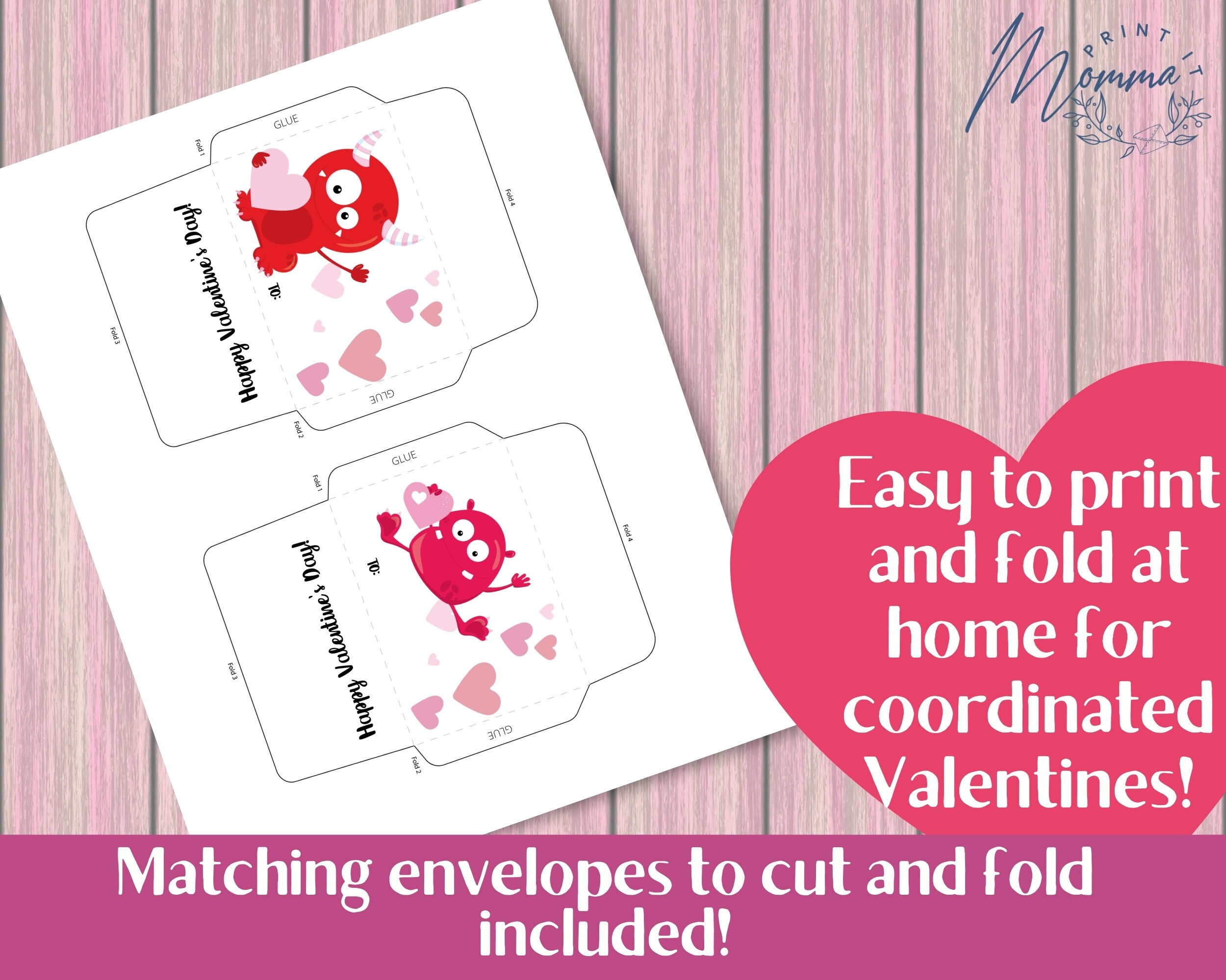 Valentine Cards and Envelopes Set Monster Print at home DIY | Etsy