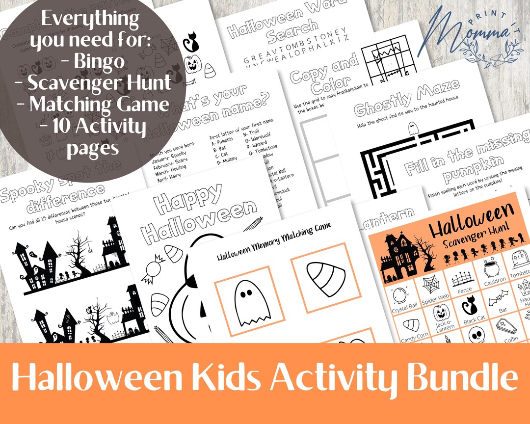 Halloween Kids Activity Pages, Bingo, Scavenger Hunt and Memory Game ...