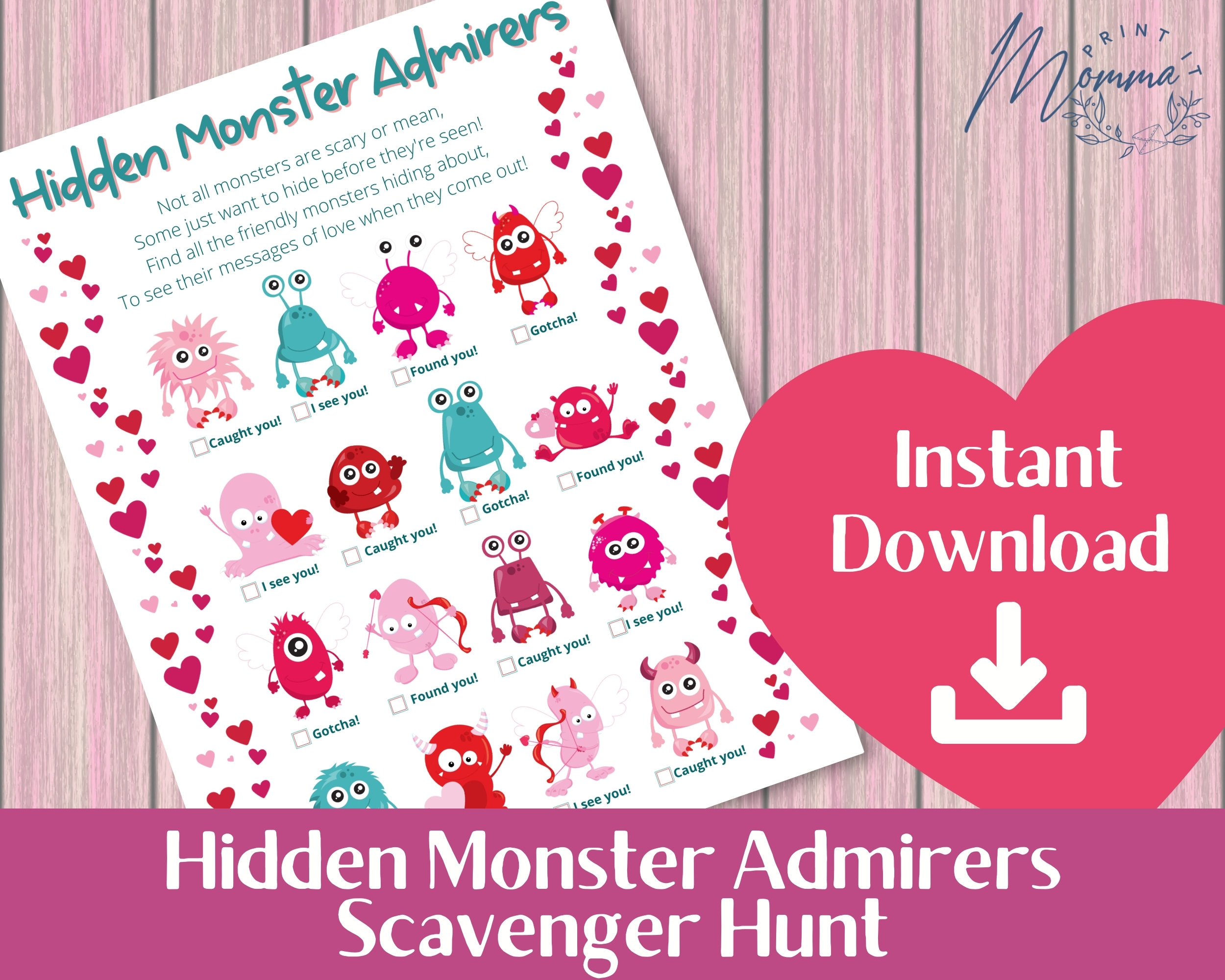 Valentine's Day Kids Scavenger Hunt Printable | Monster Valentine Hide ...