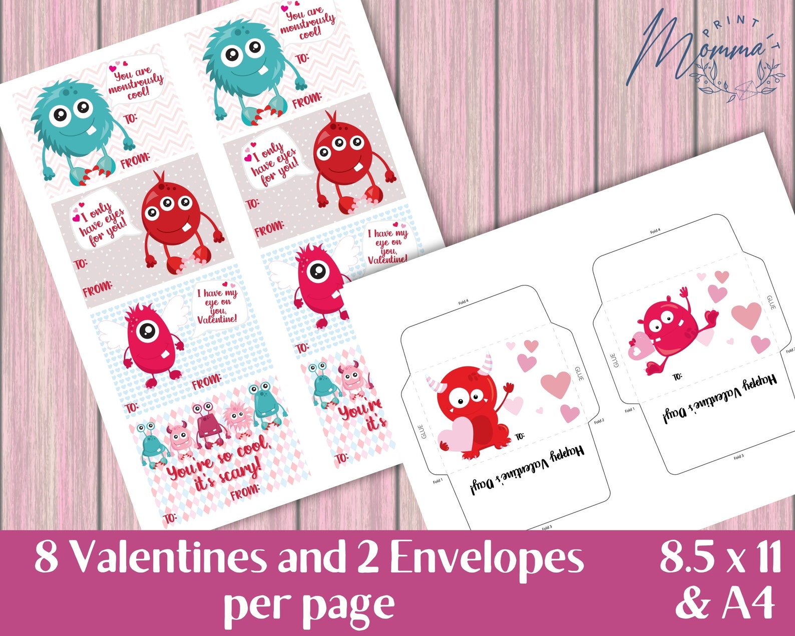 Valentine Cards and Envelopes Set Monster Print at Home | DIY Kids ...