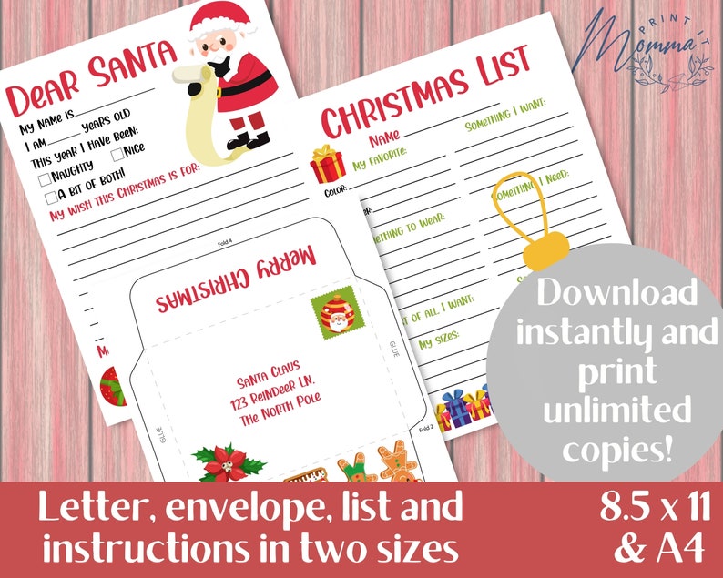 Letter to Santa and Christmas List Kit Printable Dear Santa - Etsy