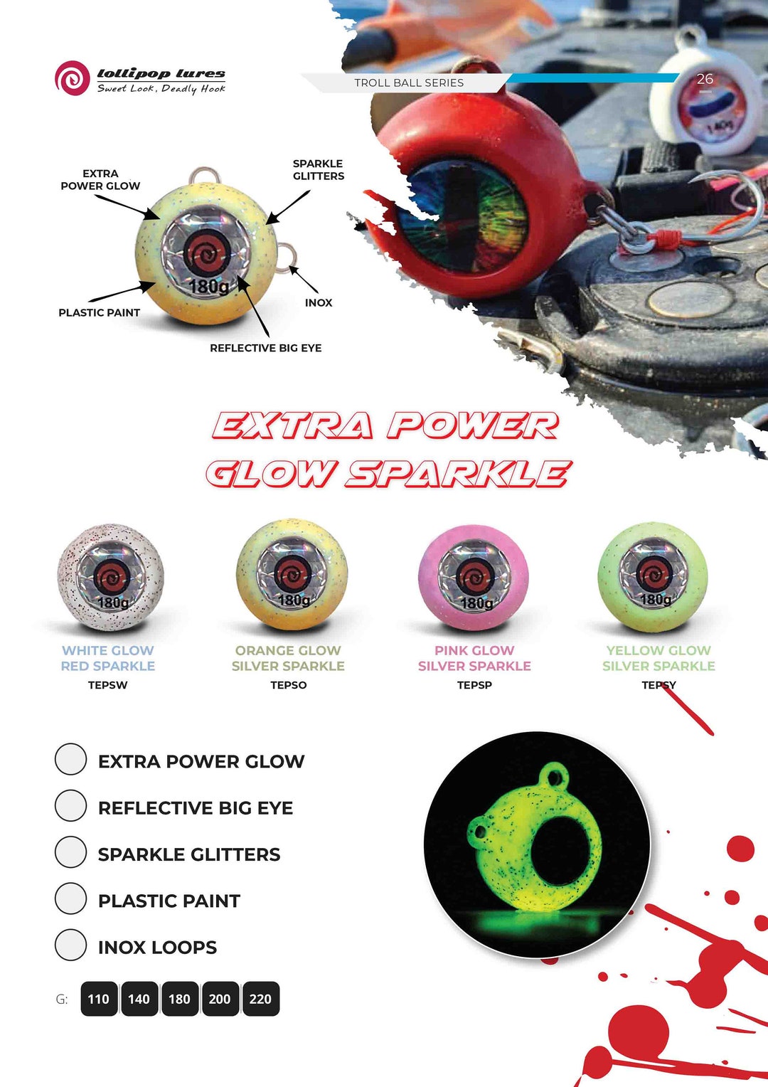 Lollipop Lures Troll Ball "extra Power Glow Sparkle" Saltwater Jig Head ...