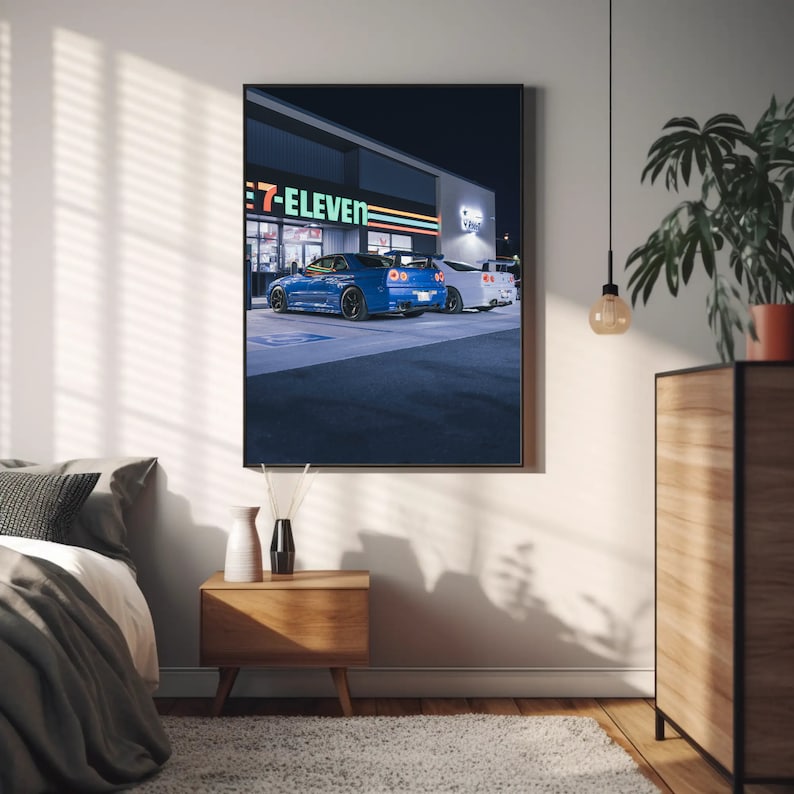 Nissan Skyline Blue and White R34 GTR JDM Satin Poster High Resolution ...