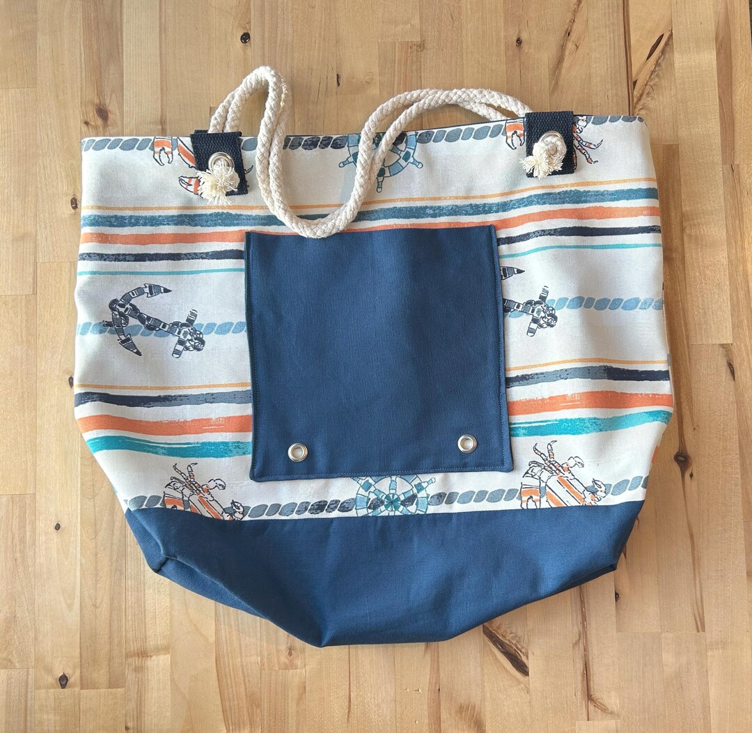 Large Beach Tote – Water Resistant Canvas, Orange & Blue Stripes With ...
