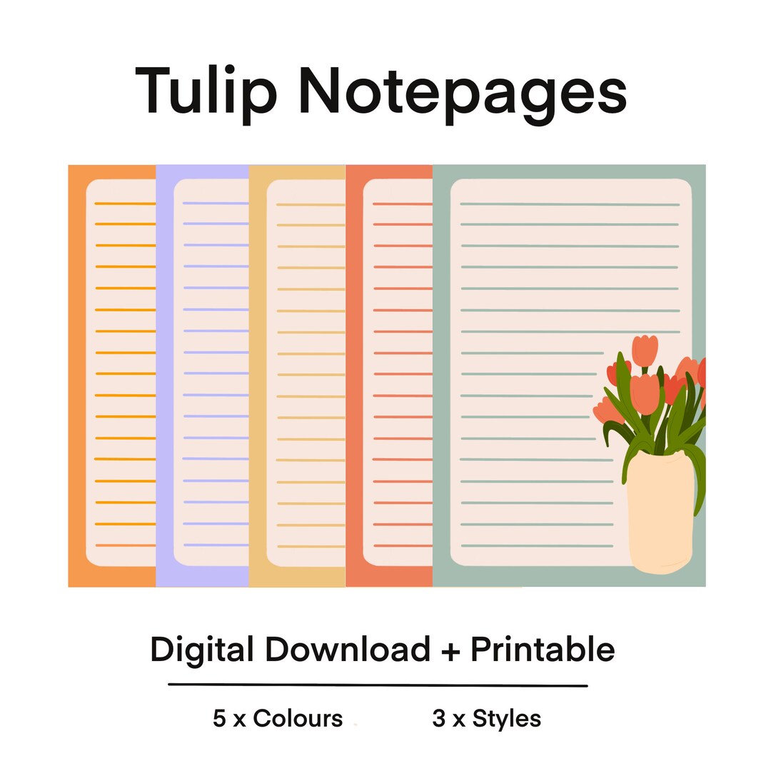 Tulip-themed Colourful Digital Notepage Bundle Download - 4 Colours ...
