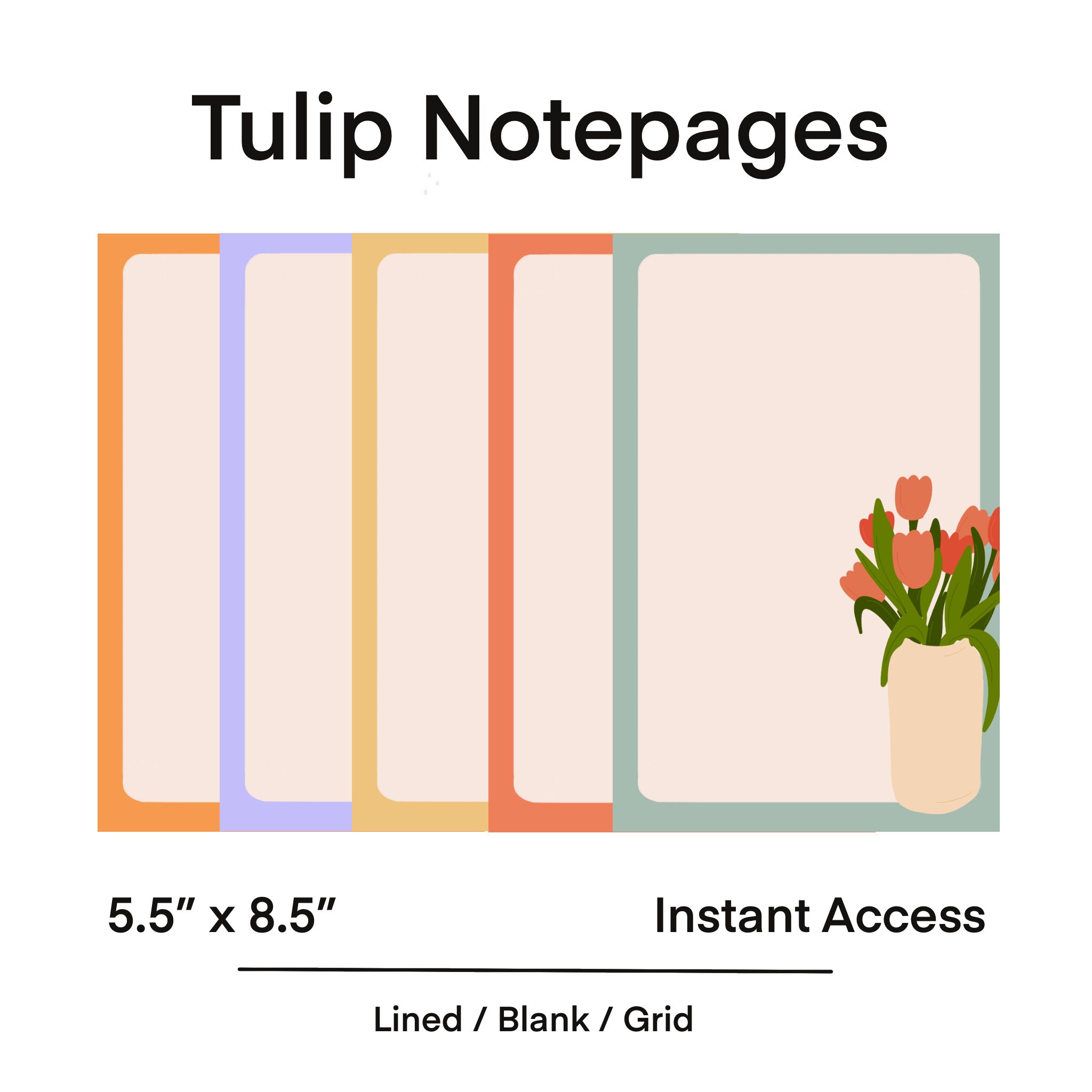 Tulip-themed Colourful Digital Notepage Bundle Download 4 Colours Lined ...