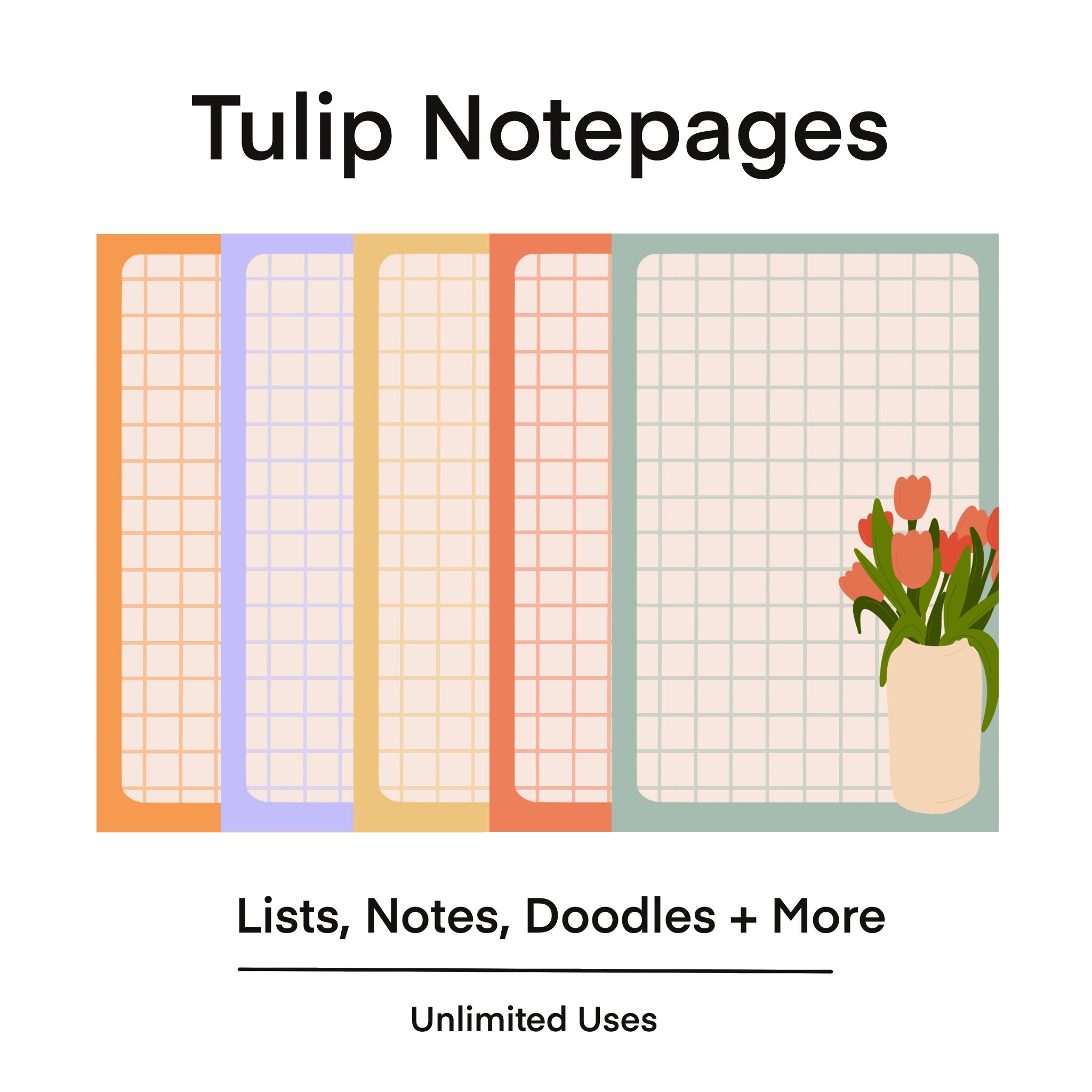 Tulip-themed Colourful Digital Notepage Bundle Download 4 Colours Lined ...