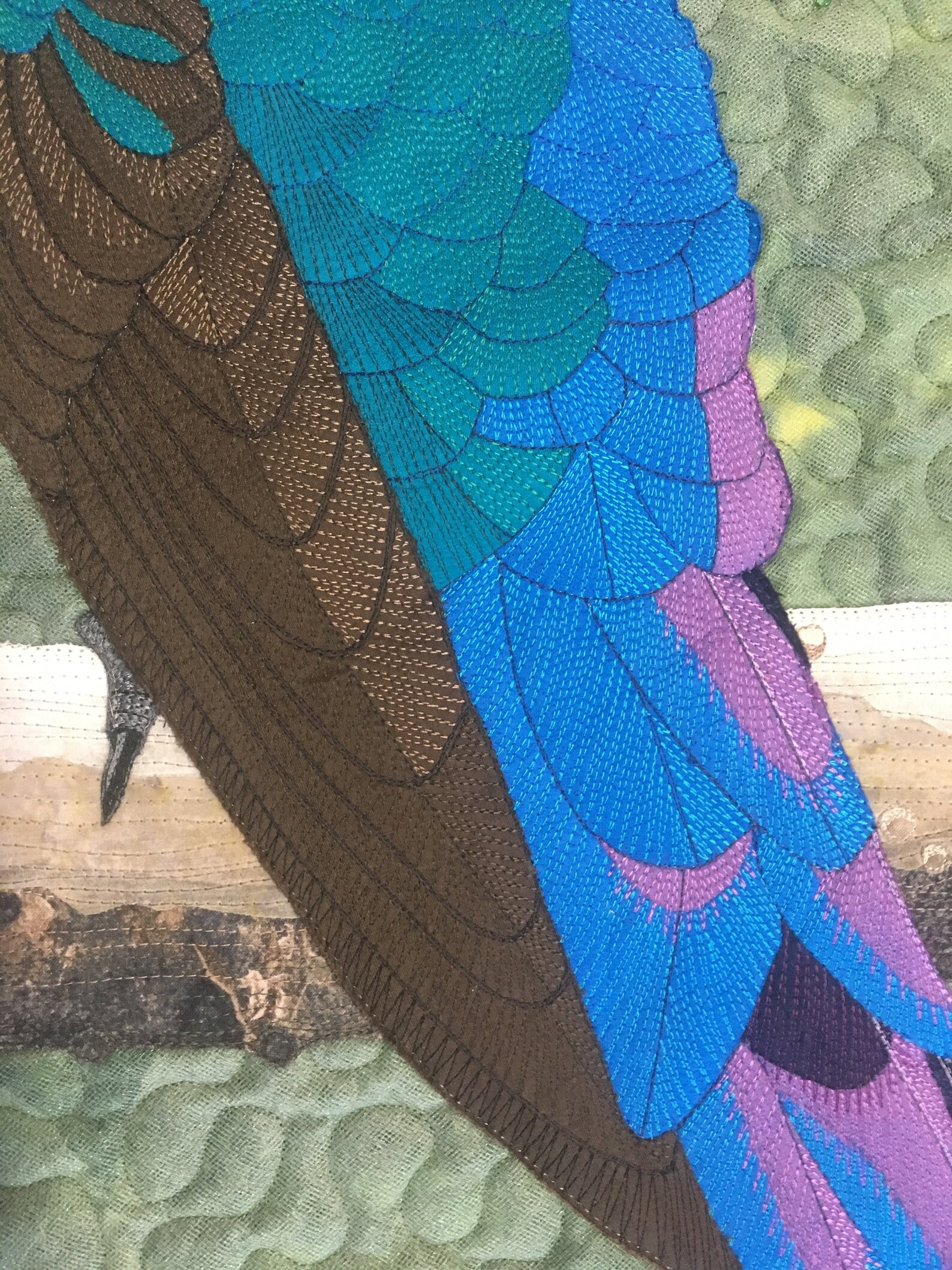 Long Tailed Sylph Hummingbird -blue Green Bird, Silk, Thread Painting ...