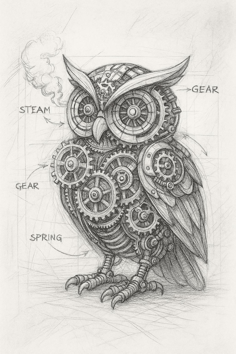 Steampunk Clockwork Owl Blueprint Poster - Digital Download - Etsy