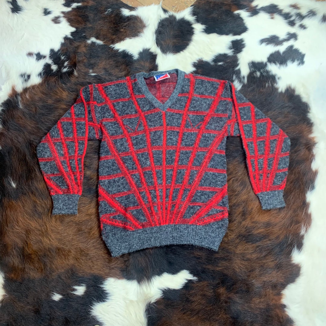 1980s Tron-vibe Grey and RED Wool Sweater Sz Lg - Etsy