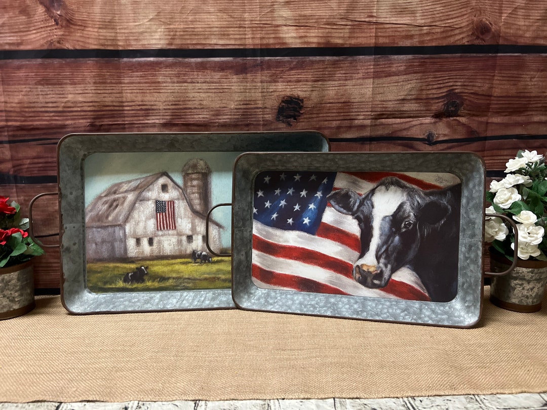 Large Farm Tray With Americana Barn, Galvanized Metal Serving Tray ...