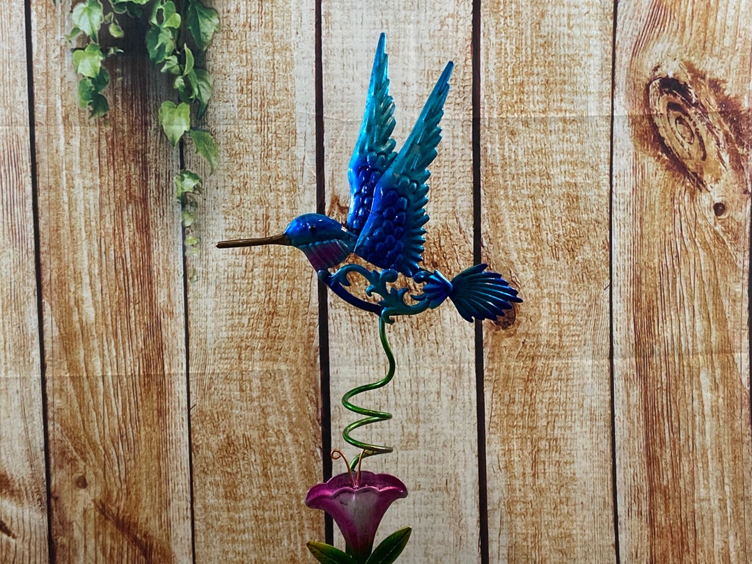 Blue Metal Hummingbird Garden Stake | Outdoor Bird Decor | Garden Gift ...