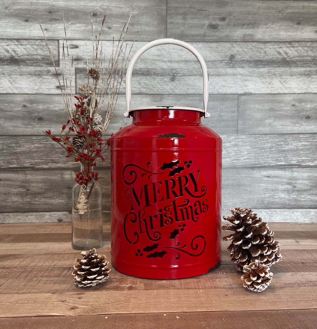 Merry Christmas Red Metal Container | Holiday Lantern Vase | Farmhouse ...