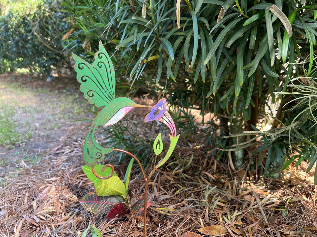 Metal Hummingbird Garden Pick With Purple Flower - Decorative Yard Art ...