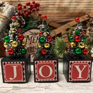 Festive Harlequin JOY Blocks With Bottle Brush Trees - Etsy