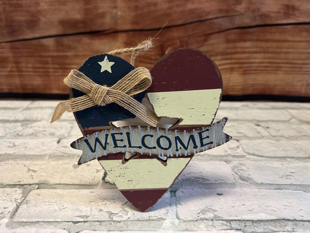 Americana Welcome Sign - Patriotic Heart Decor - Rustic Flag Ornament ...