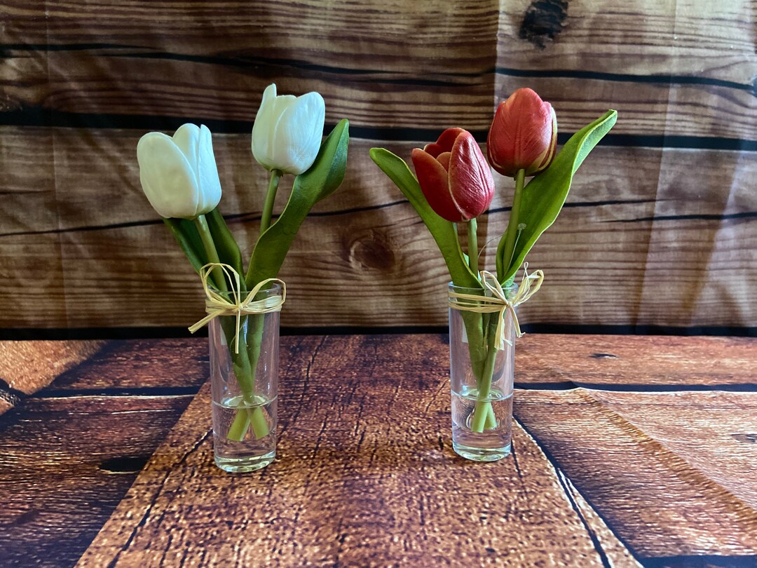 Elegant Mini Tulip Vase - Red or Cream Silk Flowers in Glass Vase With ...