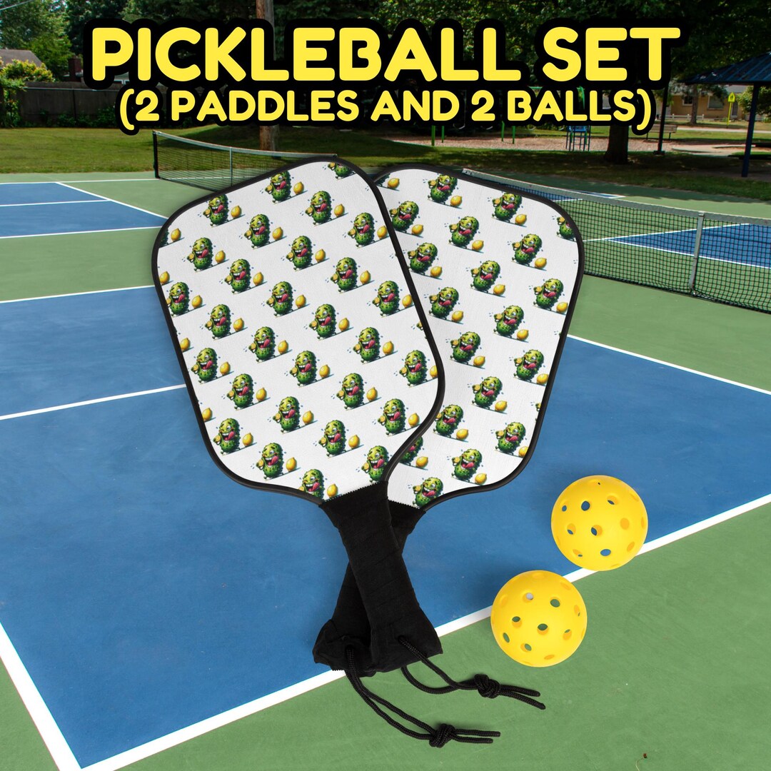 Pickleball Set, Cartoon Pickle Eating a Lemon Design Pickleball Kit ...