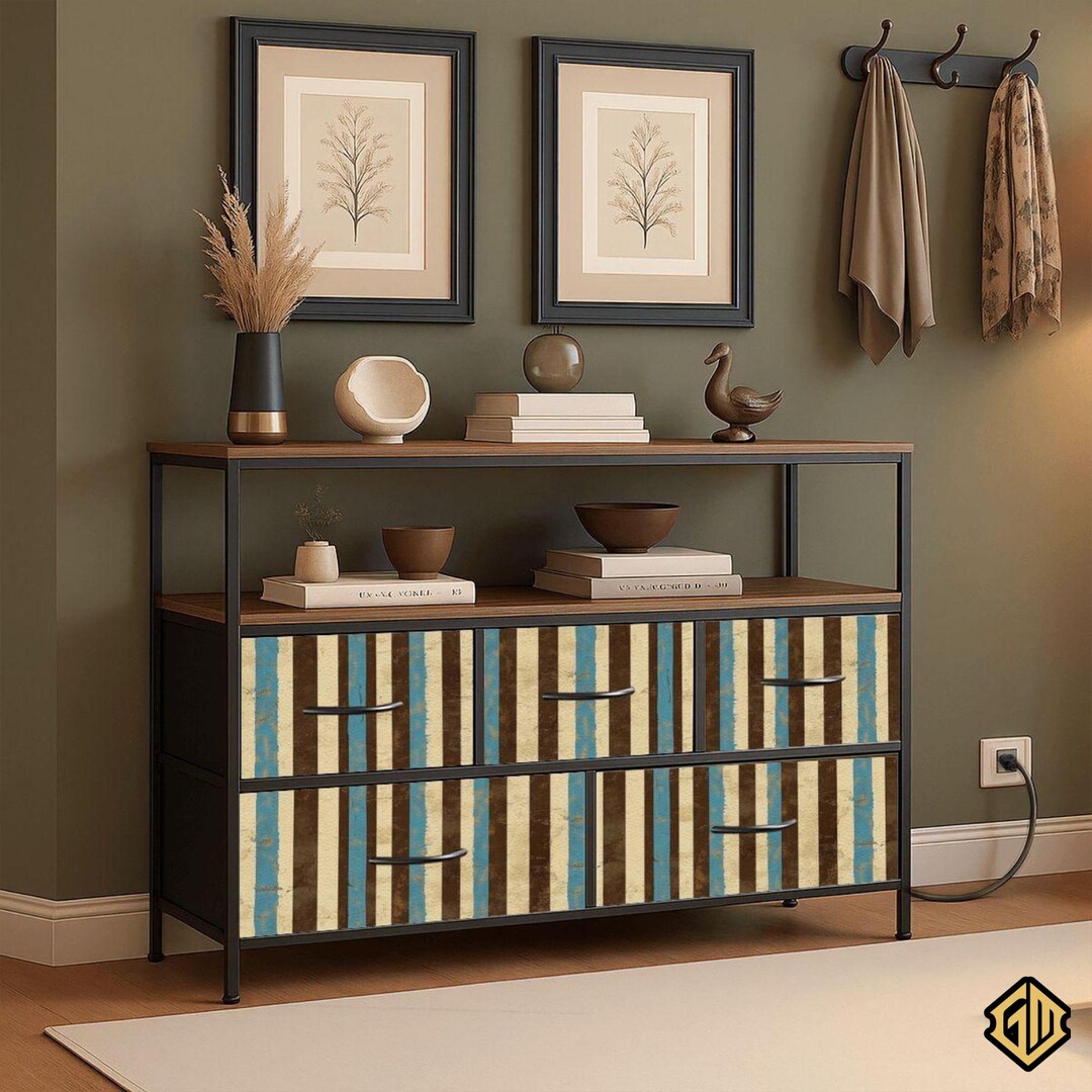 Modern Wood & Steel Media Console: 5-drawer TV Stand With Charging ...