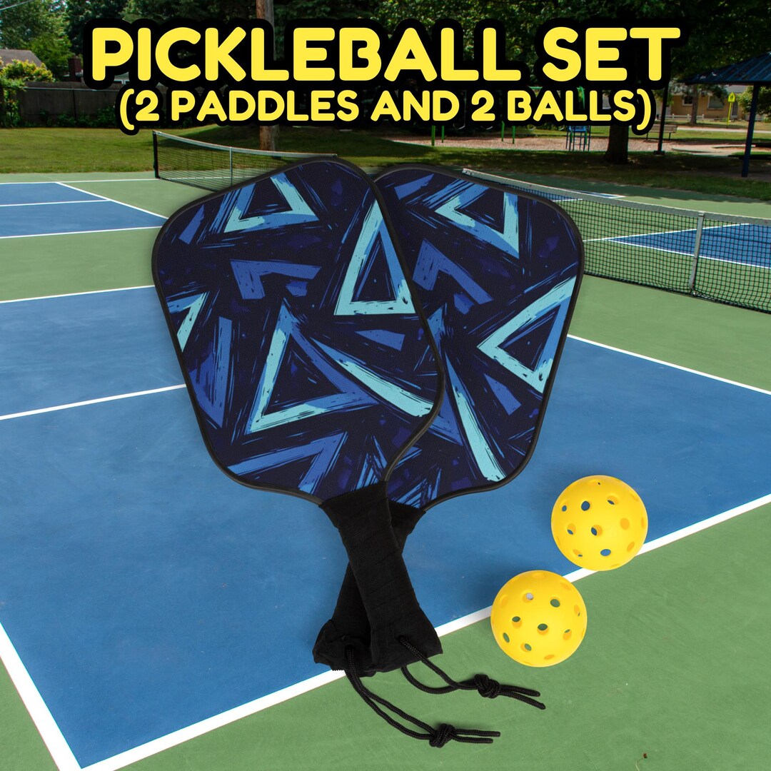 Pickleball Set, Abstract Blue Triangles Design Pickleball Paddle Kit ...