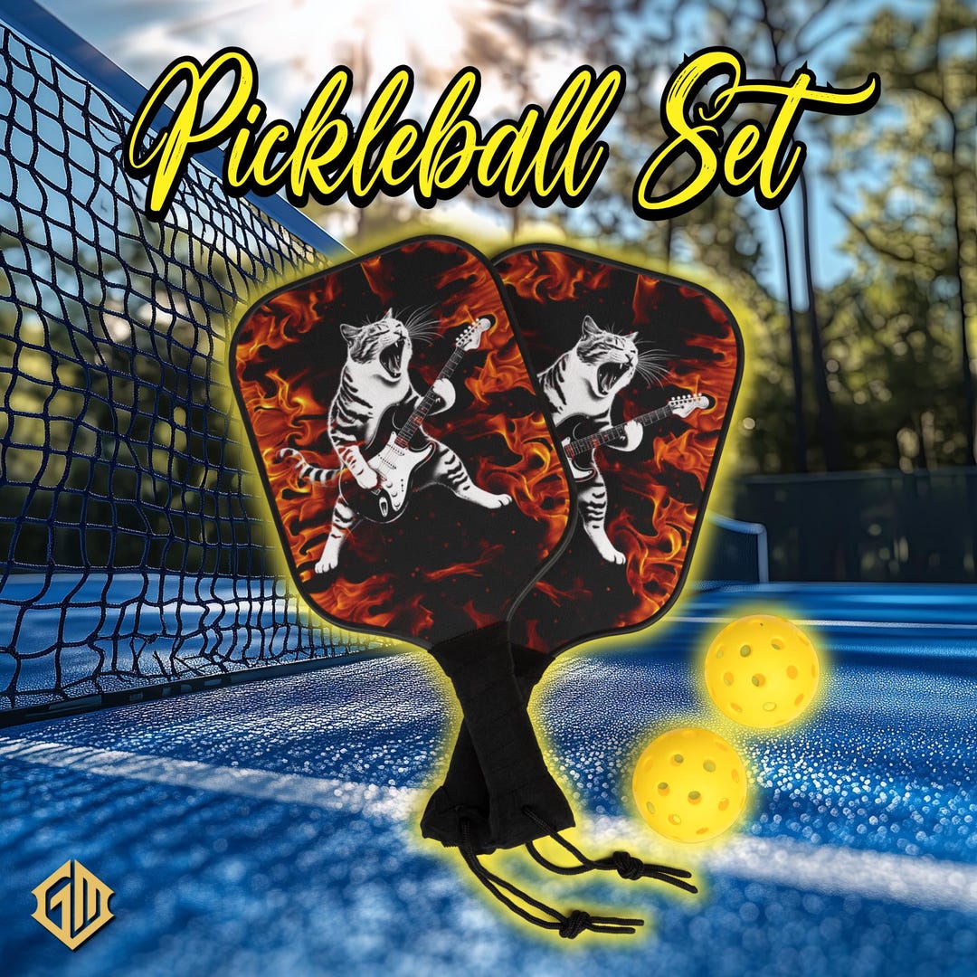Heavy Metal Cat Playing Guitar Design Pickleball Set, Pickleball Paddle ...