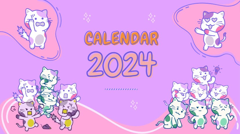 2024 Printable Cute Cat Calendar All 12 Months Horizontal - Etsy