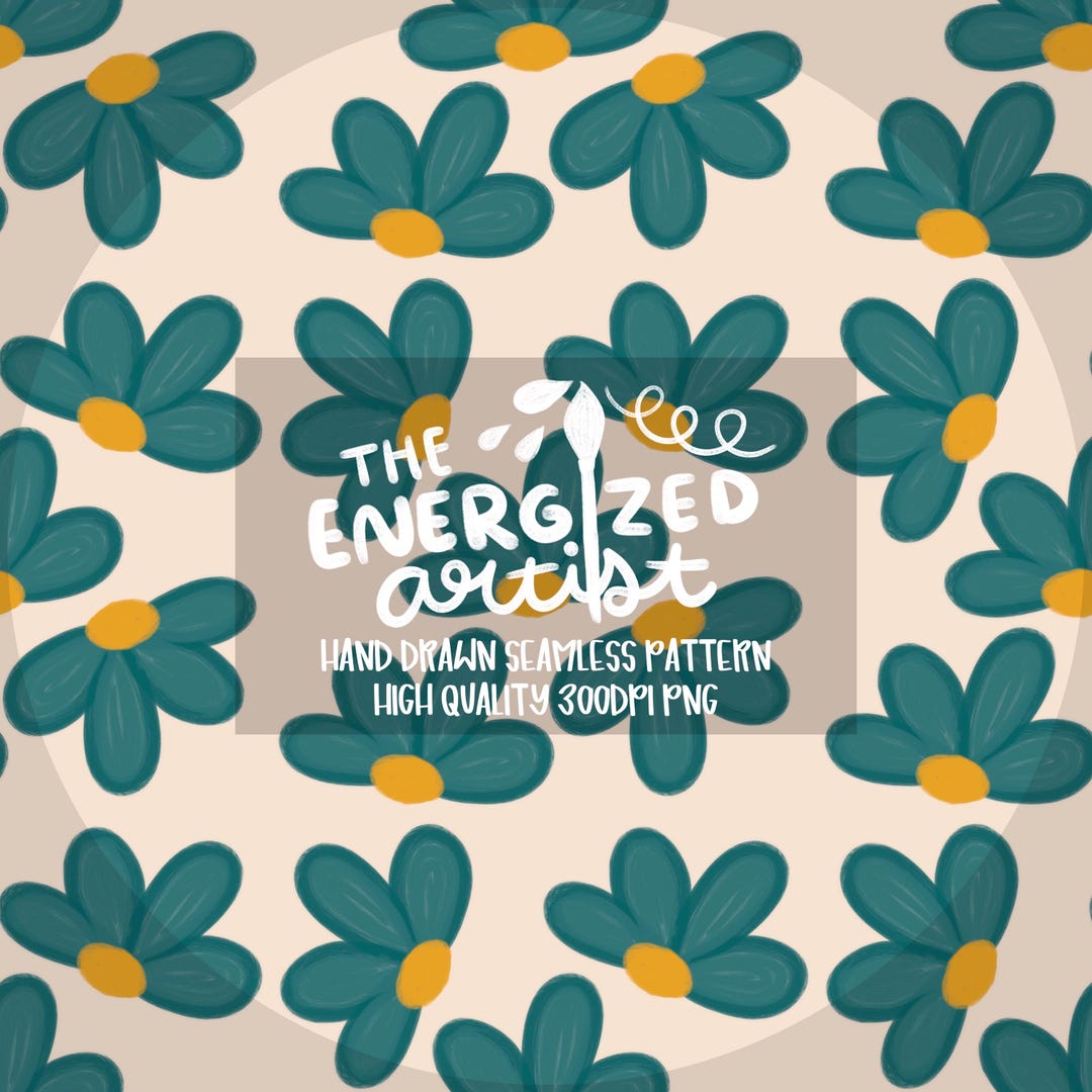 Whimsical Teal Daisy Seamless Pattern – Hand Drawn Retro Floral PNG ...