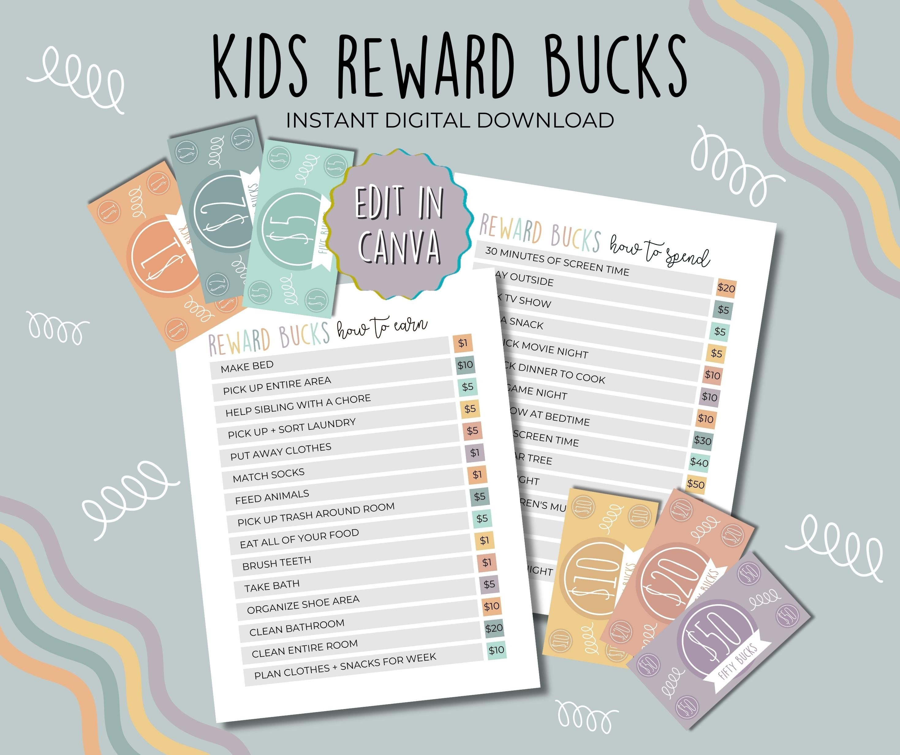 Kids Reward Bucks Editable Design Printable Mom Bucks Reward System for ...