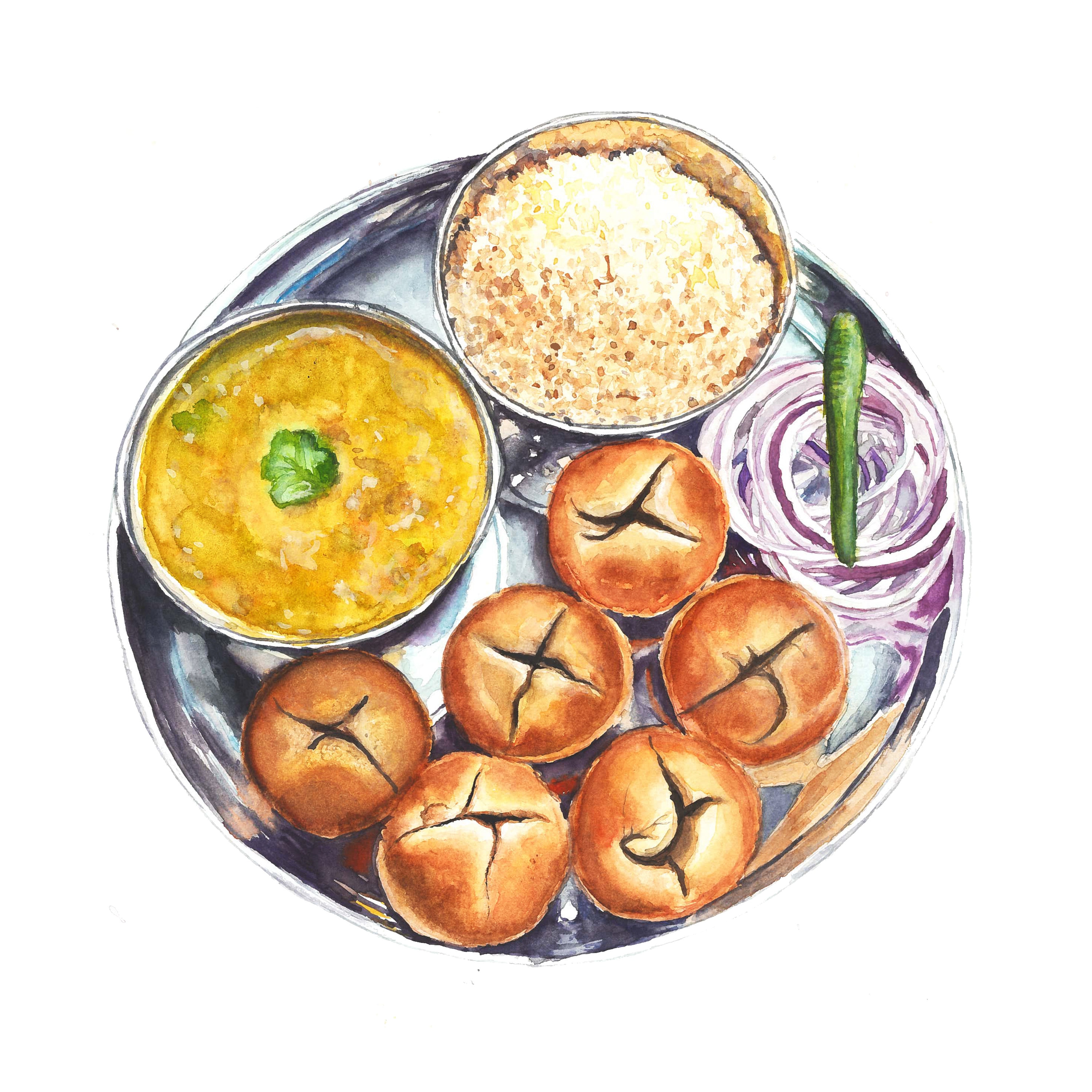 Daal Bati Churma Watercolor Painting | Indian Food Art | Rajasthani ...