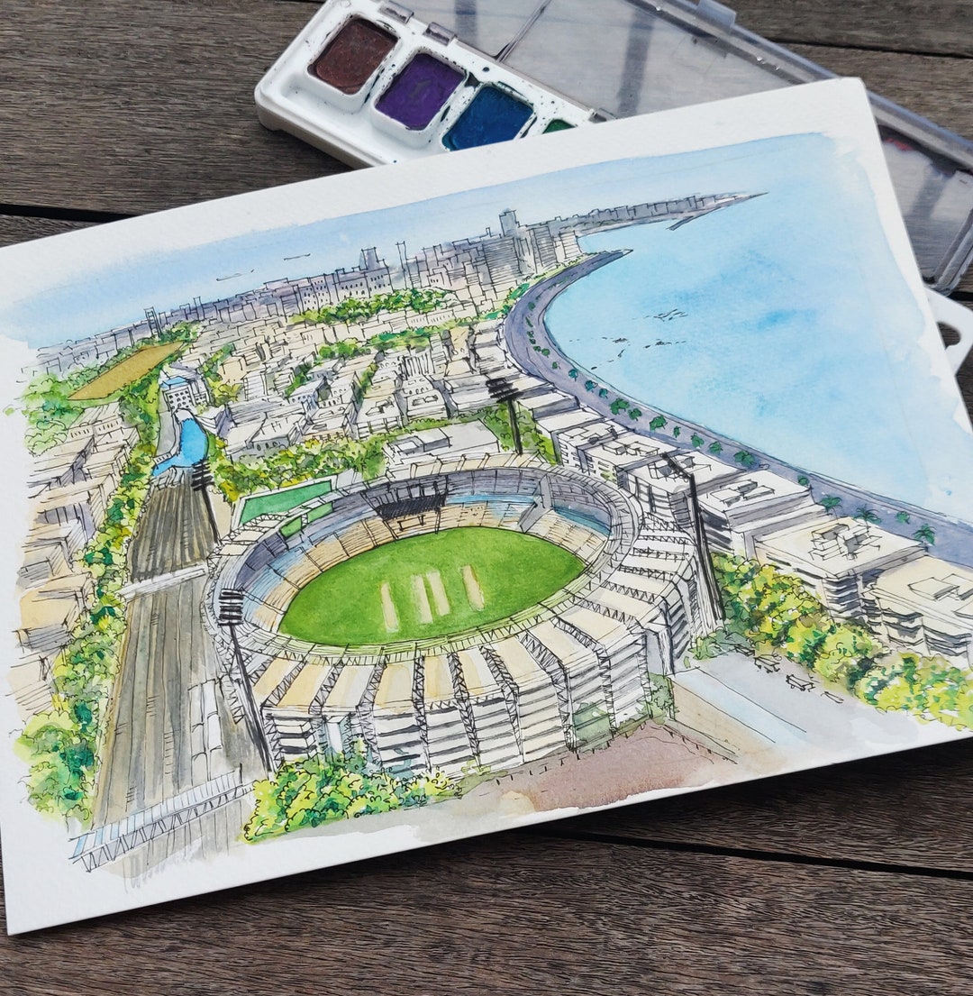 Cricket Magic at Wankhede: Original Watercolor Painting | Mumbai Sports ...