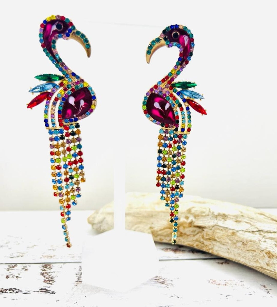 Pink Flamingo Earrings, Rhinestone Earrings, Shiny Earrings, Chic ...
