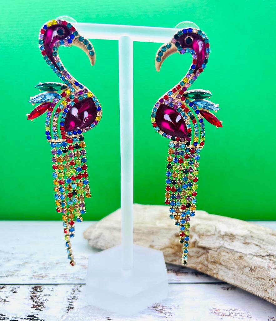 Pink Flamingo Earrings, Rhinestone Earrings, Shiny Earrings, Chic ...