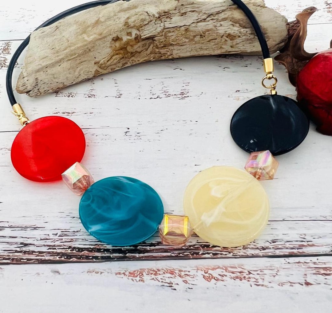 Leather Necklace, Vintage Plastic Disc Necklace, Plastic Circles ...