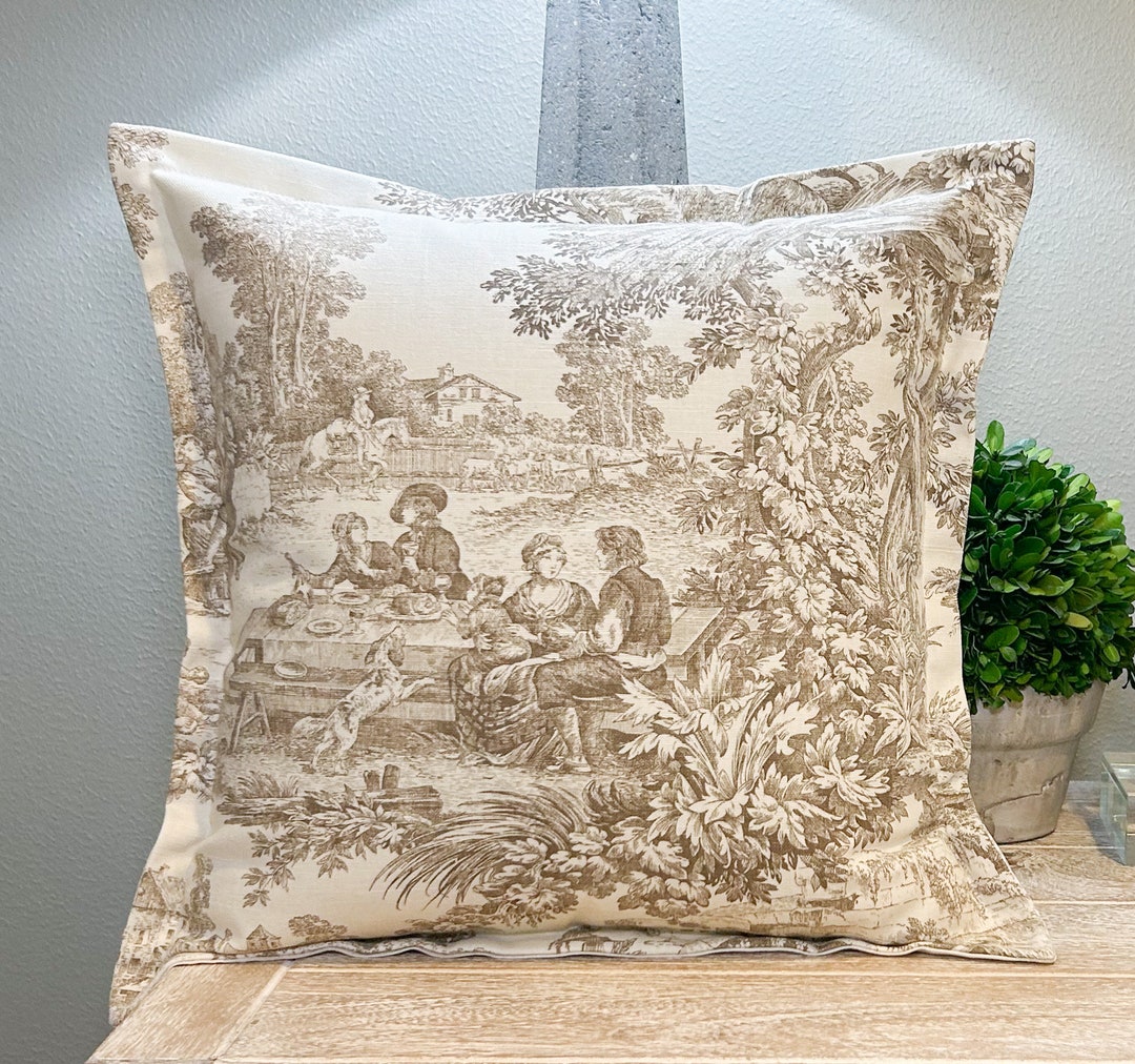 English Country Print Beige Toile Throw Pillow 16x16 insert Not ...