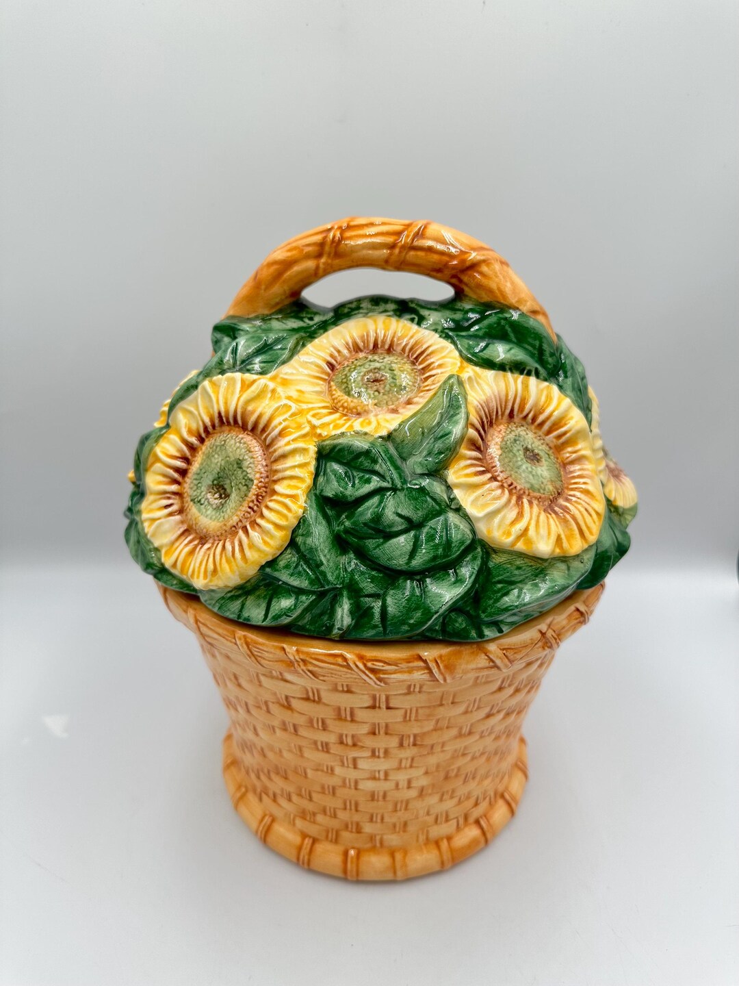 Vintage Sunflower Basket Cookie Jar • Cooks Club Ceramic 11” Kitchen ...