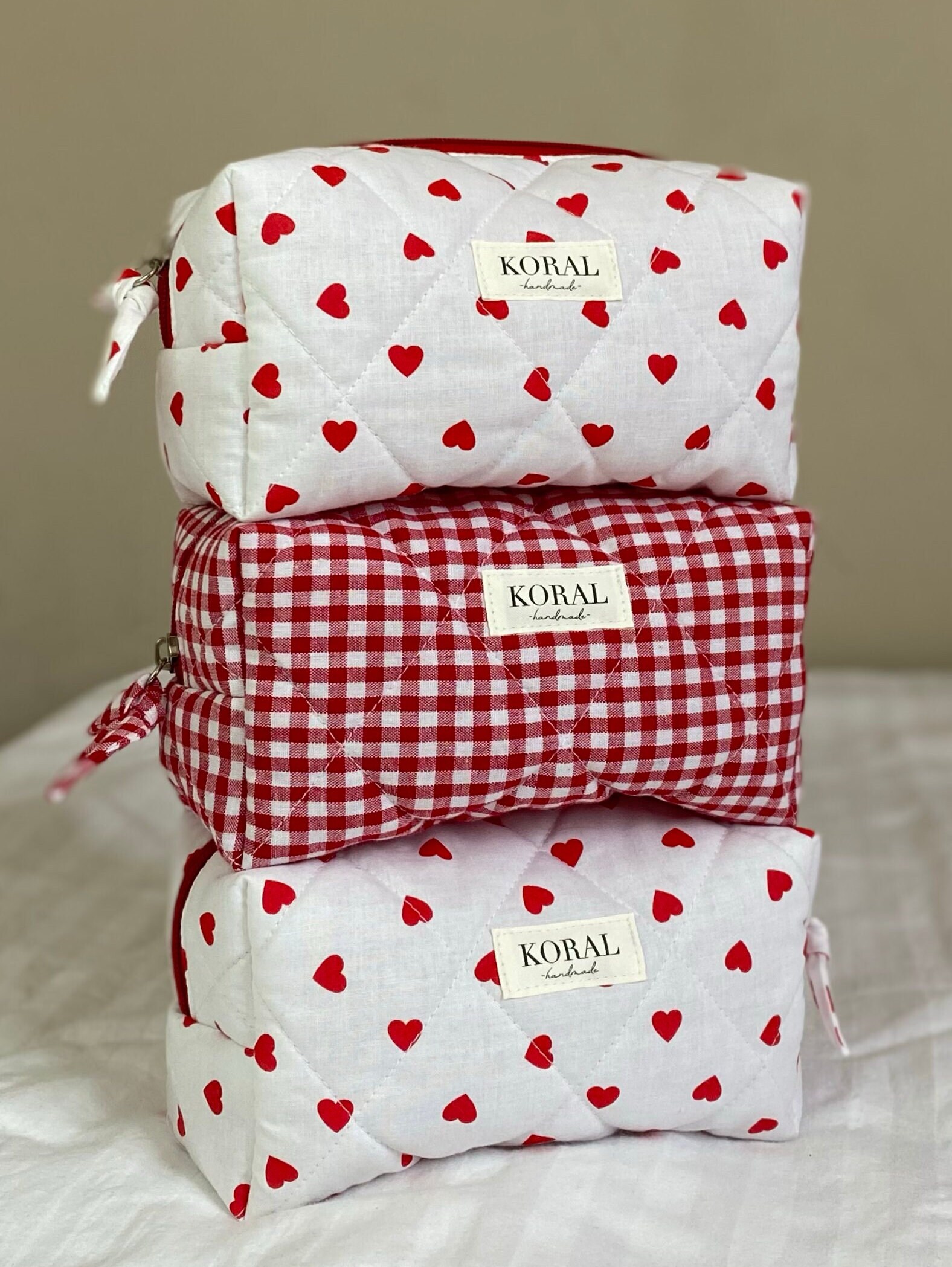 HANDMADE Quilted Cosmetic Bag " RED HEART on White Background " - Etsy
