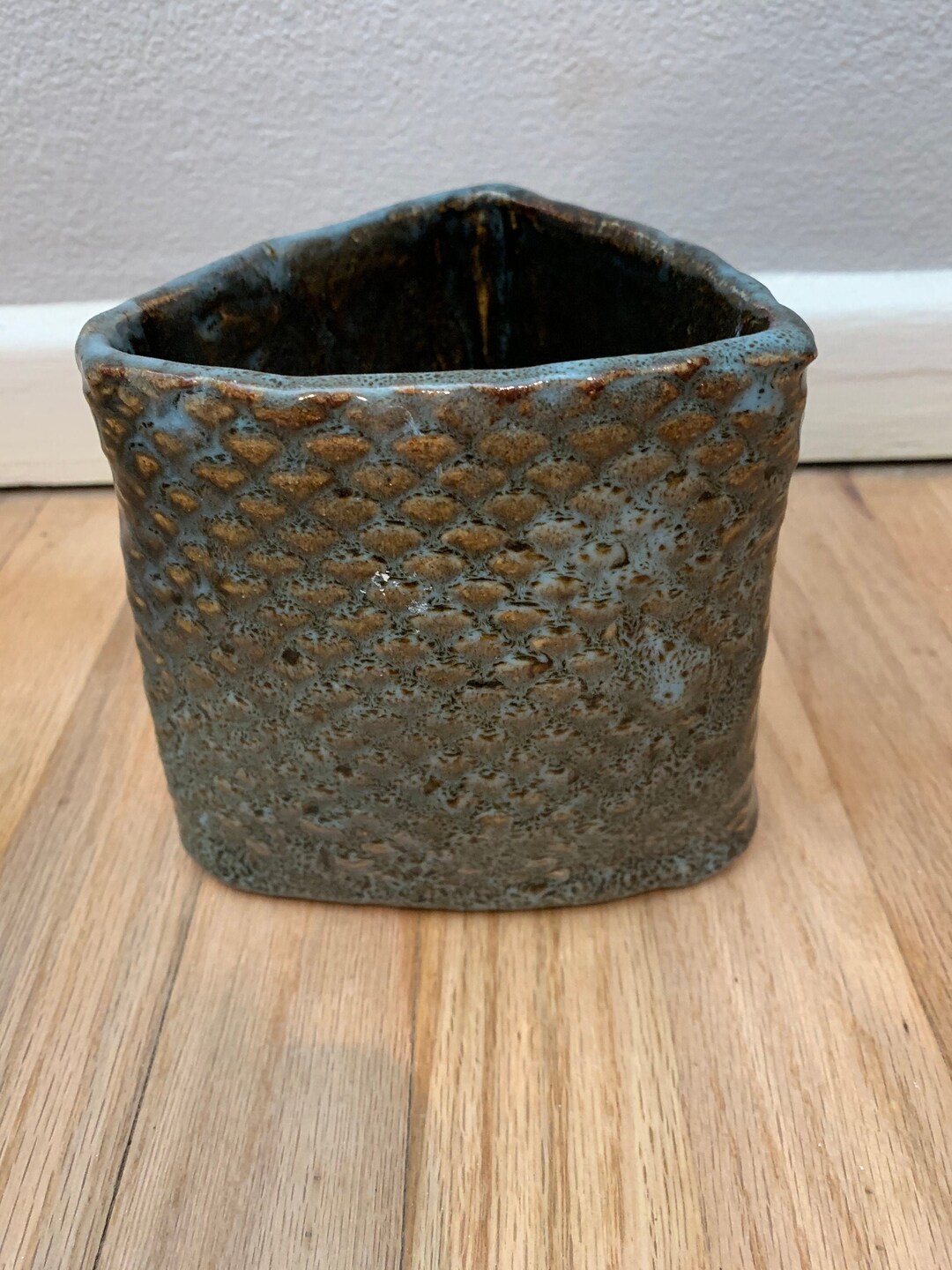 Handbuilt Triangular Textured Pot 4 3/4 Inches High , Sides 4 Inches ...