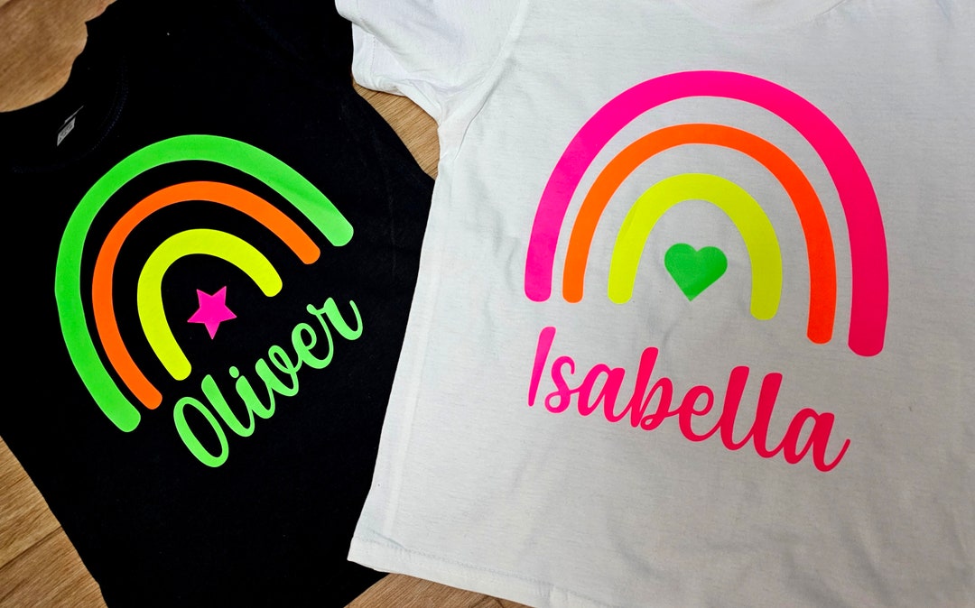 UV Neon Rainbow Personalised Glow Child Kids T Shirt Girl/boy Unisex T ...