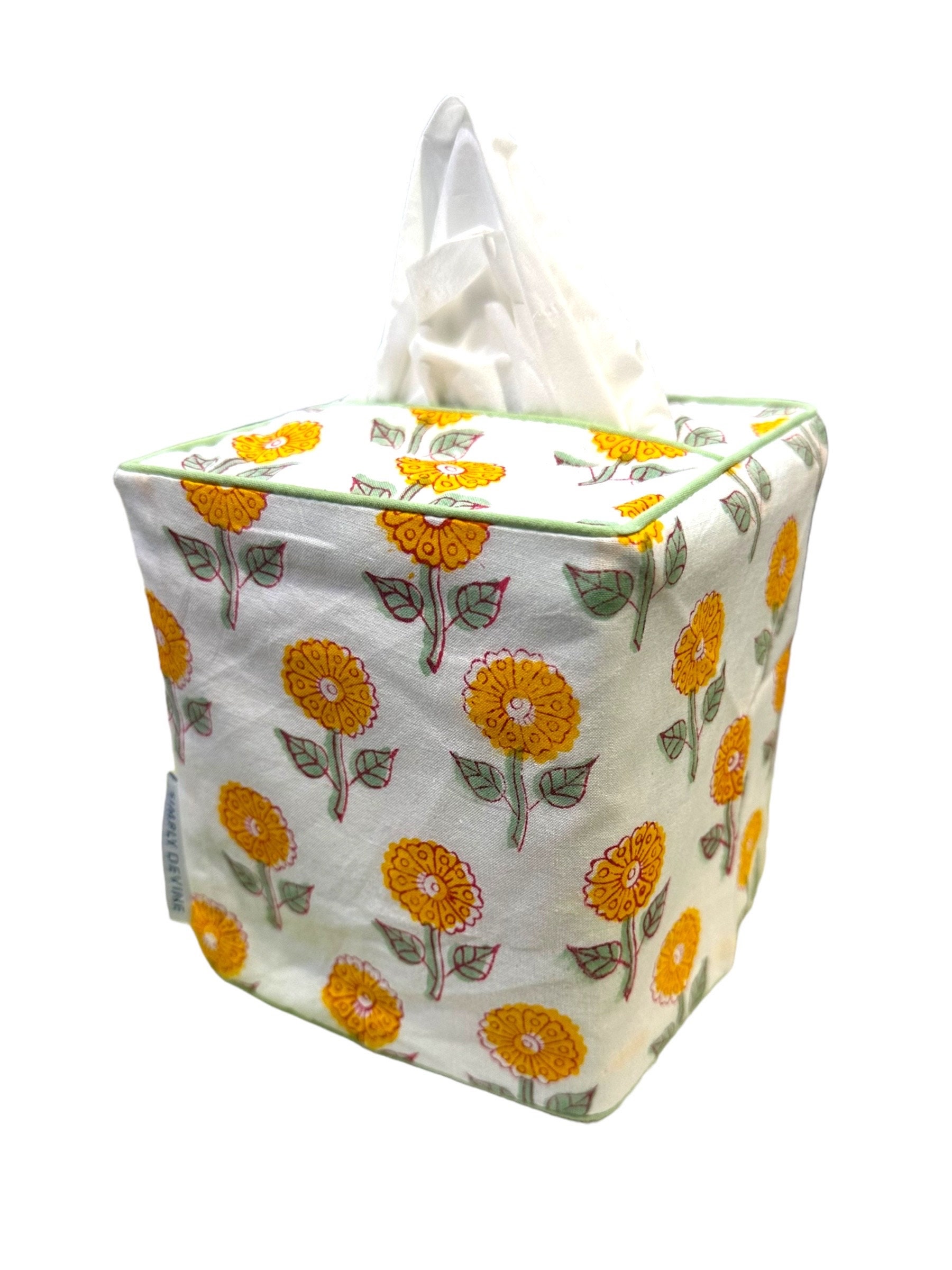 Hand Block Print Cotton Tissue Box Cover: Yellow Floral Design - Etsy
