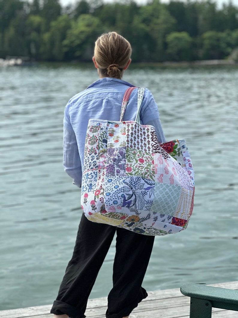 Block Print Patchwork Quilted Tote: Extra Large Reversible Carry-all - Etsy