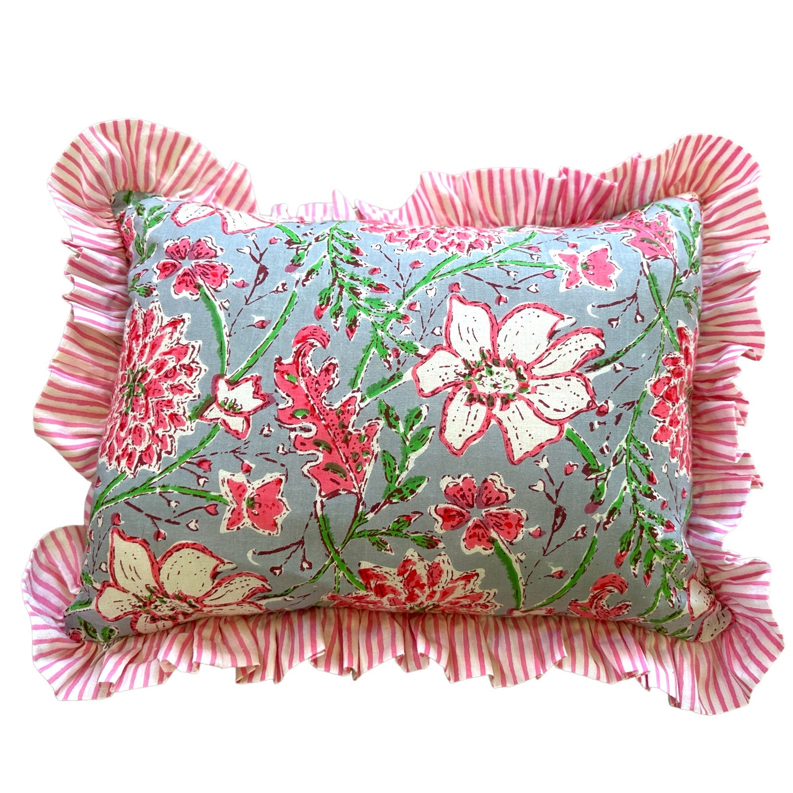Pale Blue Floral Hand Block Print Pillow Cover With Ruffle | Indian ...